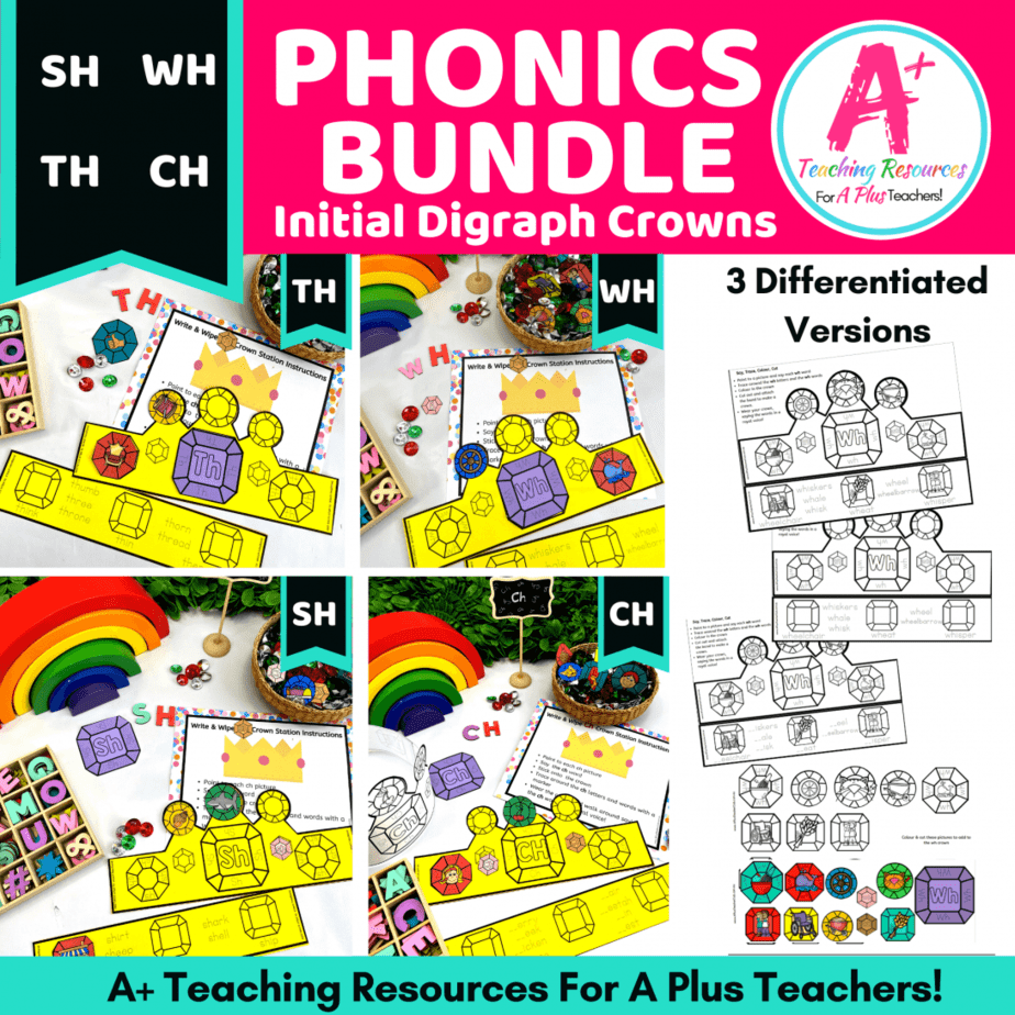 Initial Digraph Crowns Literacy Resource BUNDLE {SH-CH-WH-Th} A+